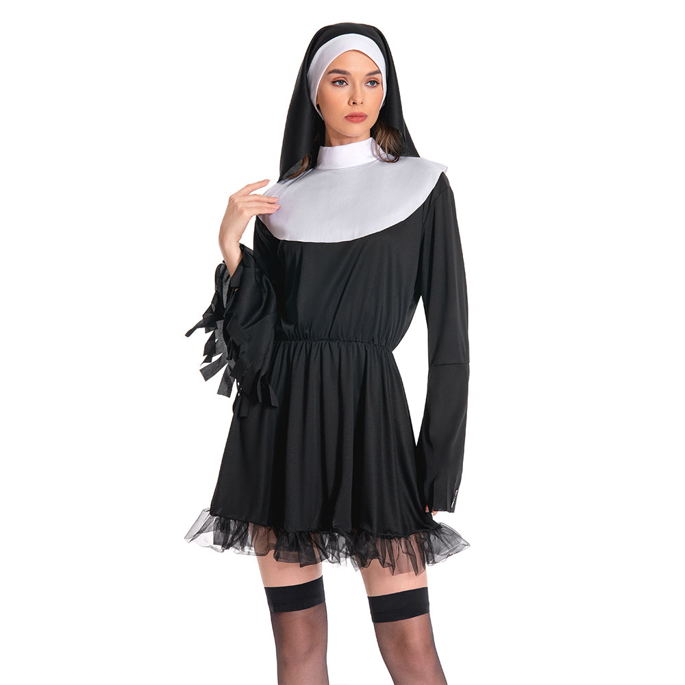 Women Nun Costume Black Dress Outfit for Adult Carnival Halloween Cosp