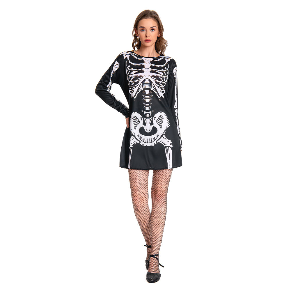 Women Skeleton Costume Black Dress Outfit for Adult Carnival Halloween