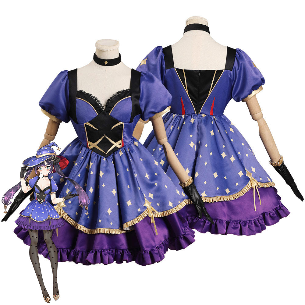 Genshin Impact Mona Cosplay Costume Witch Dress Hat Outfits Halloween