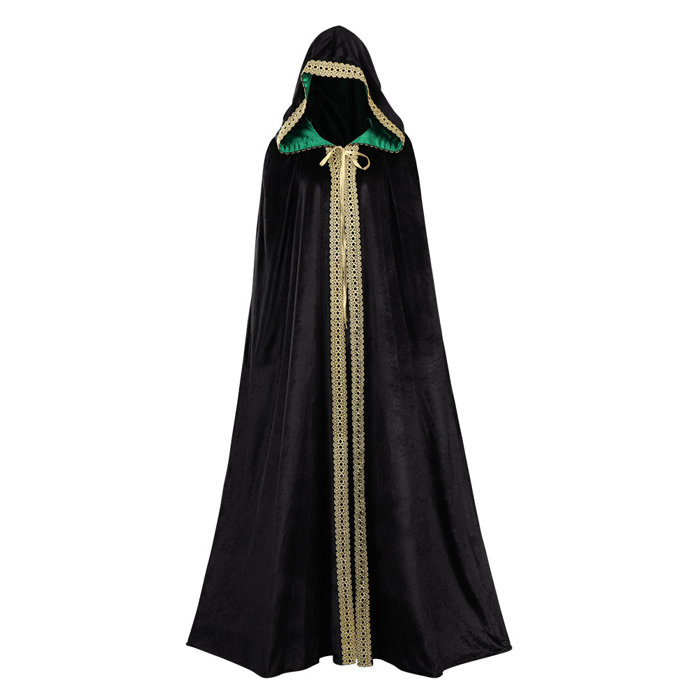 Witch Wizard Hooded Robe Cosplay Costume Black Velvet Lace Contrasting
